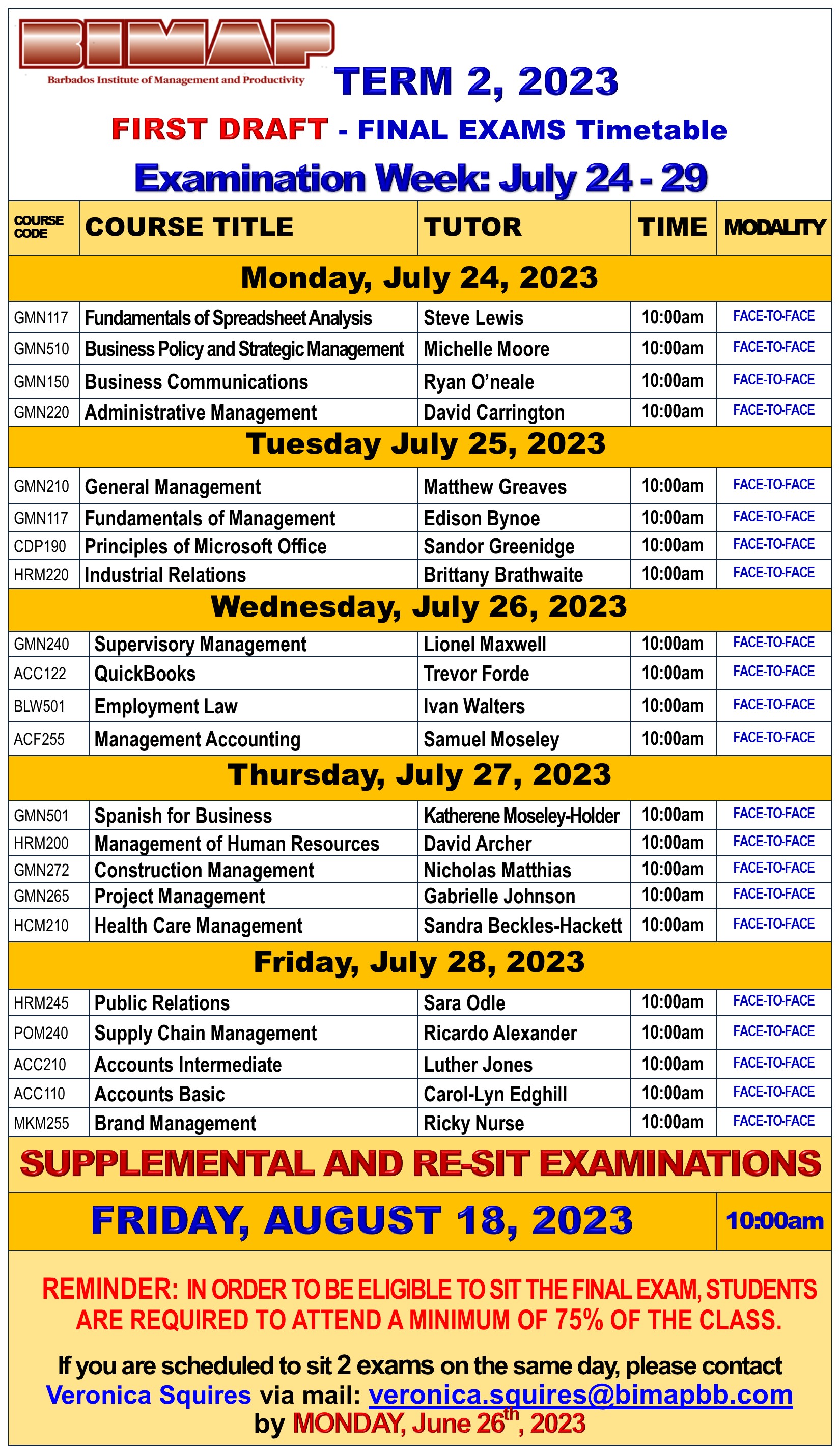 BIMAP: Term 2 - Examinations Schedule (First Draft) | BIMAP